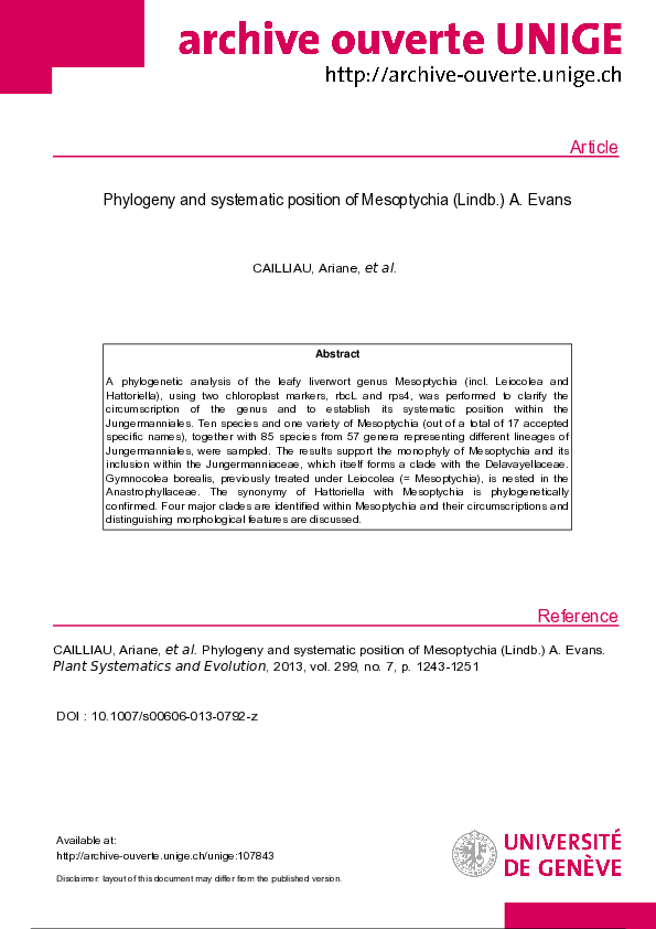 (PDF) Phylogeny and systematic position of Mesoptychia (Lindb.) A. Evans