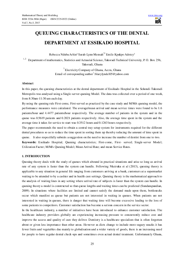 (PDF) Queuing Characteristics of the Dental Department at Essikado Hospital