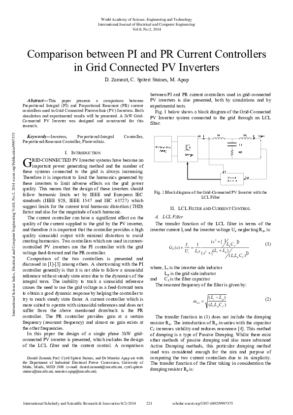 (PDF) Comparison Between Pi And Pr Current Controllers In Grid Connected Pv Inverters