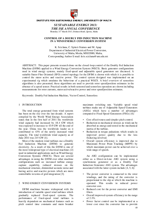 Pdf Control Of A Doubly Fed Induction Machine In A Wind Energy Conversion System