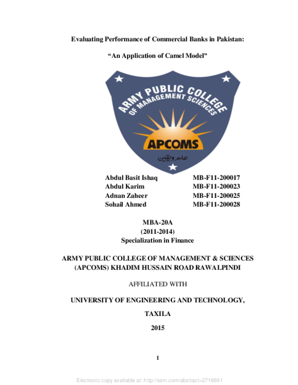 (PDF) Evaluating Performance of Commercial Banks in Pakistan: 'An ...