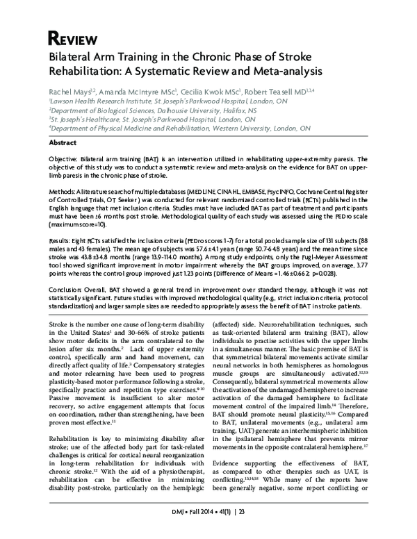 (PDF) Bilateral arm training in the chronic phase of stroke ...