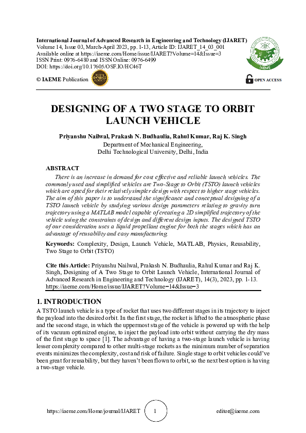 (PDF) DESIGNING OF A TWO STAGE TO ORBIT LAUNCH VEHICLE