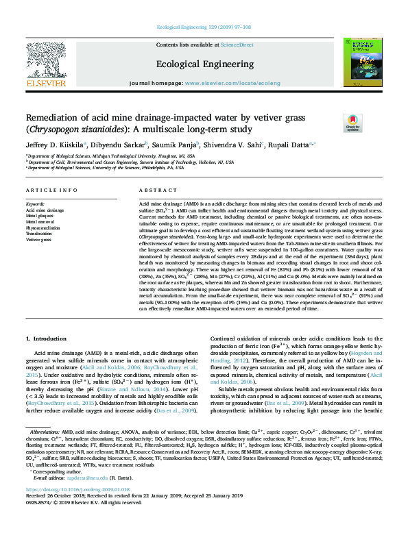 (PDF) Remediation of acid mine drainage-impacted water by vetiver grass ...