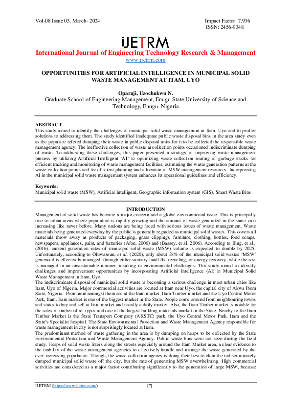 (PDF) OPPORTUNITIES FOR ARTIFICIAL INTELLIGENCE IN MUNICIPAL SOLID ...