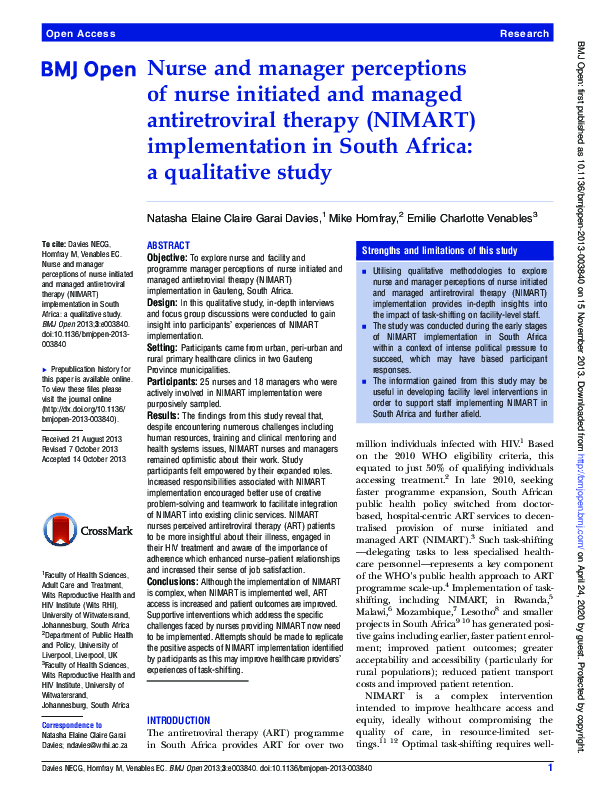 (PDF) Nurse and manager perceptions of nurse initiated and managed antiretroviral therapy ...