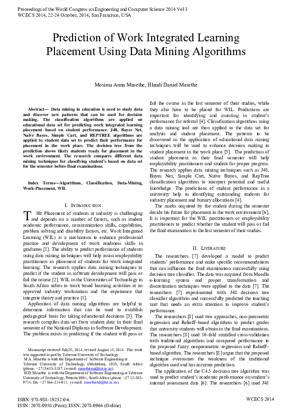 Pdf Prediction Of Work Integrated Learning Placement Using Data Mining Algorithms 