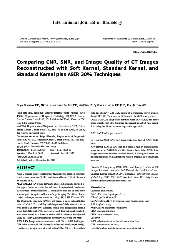 (PDF) Comparing CNR, SNR, and Image Quality of CT Images Reconstructed with Soft Kernel ...