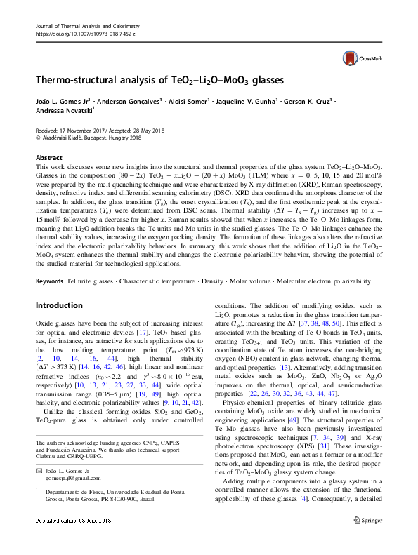 (PDF) Thermo-structural analysis of TeO2–Li2O–MoO3 glasses