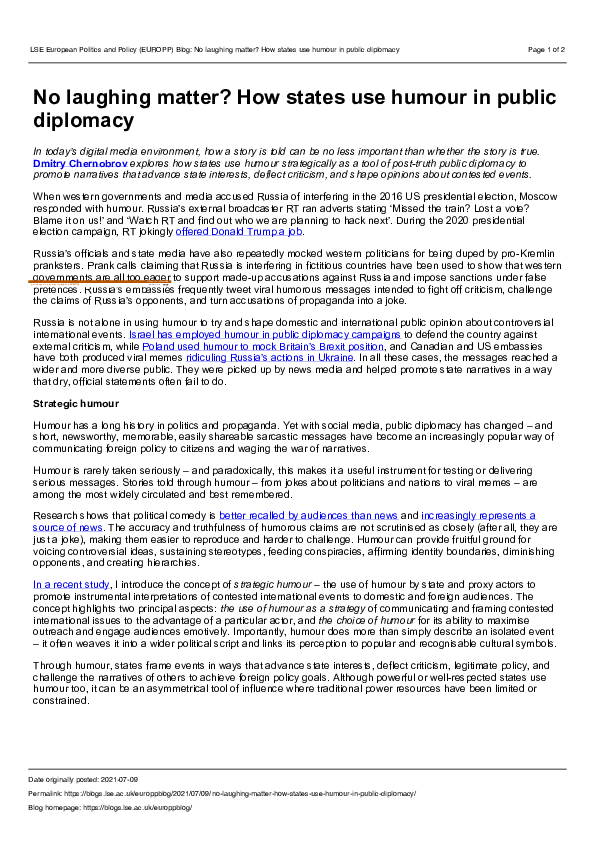 (PDF) No laughing matter? How states use humour in public diplomacy
