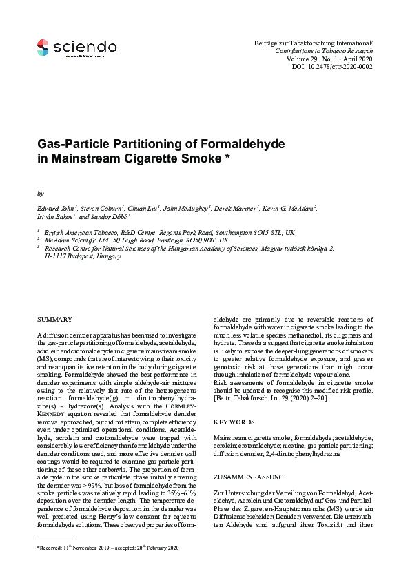 (PDF) Gas-Particle Partitioning of Formaldehyde in Mainstream Cigarette ...