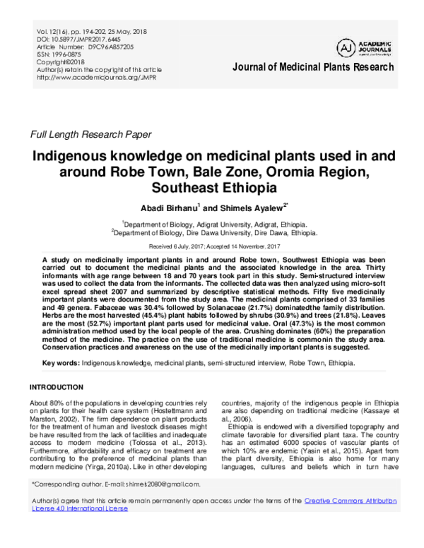 (PDF) Indigenous knowledge on medicinal plants used in and around Robe ...