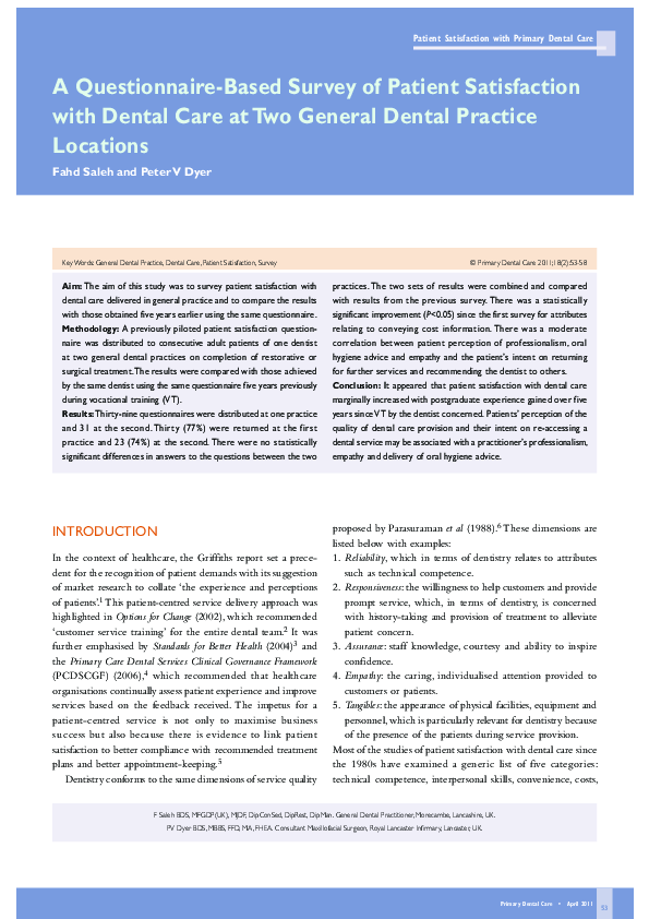 (PDF) A Questionnaire-Based Survey of Patient Satisfaction with Dental ...