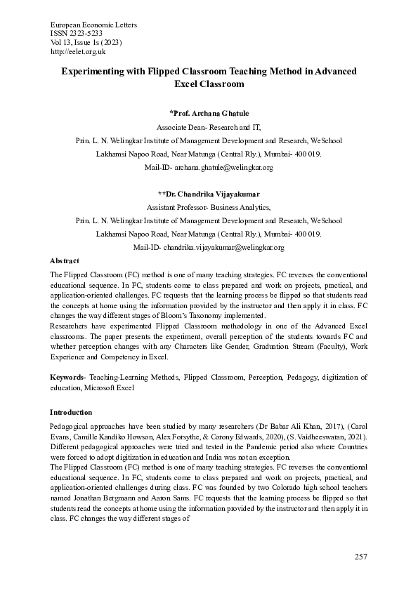 Pdf Experimenting With Flipped Classroom Teaching Method In Advanced Excel Classroom