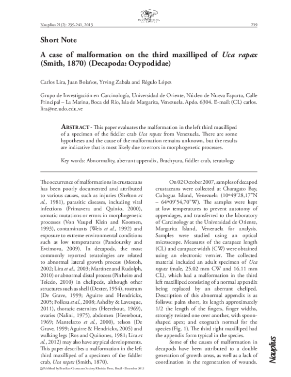(PDF) Short Note A case of malformation on the third maxilliped of Uca ...