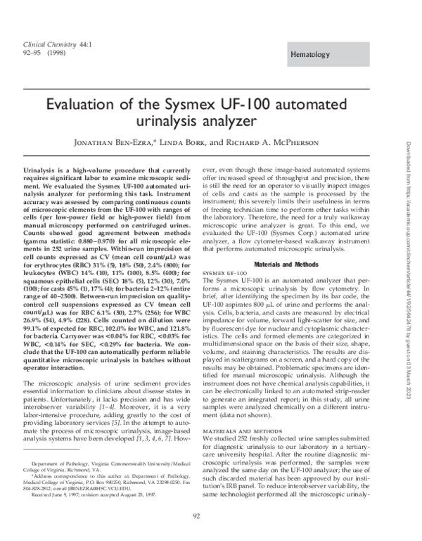 (PDF) Evaluation of the Sysmex UF-100 automated urinalysis analyzer