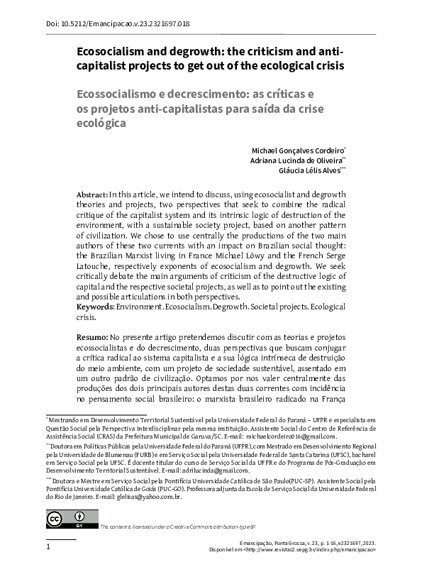 (PDF) Ecosocialism and degrowth: the criticism and anticapitalist projects to get out of the ...