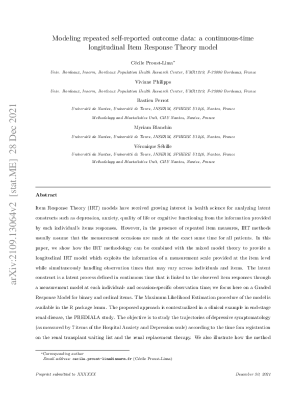 (PDF) Modeling repeated self-reported outcome data: a continuous-time longitudinal Item Response ...