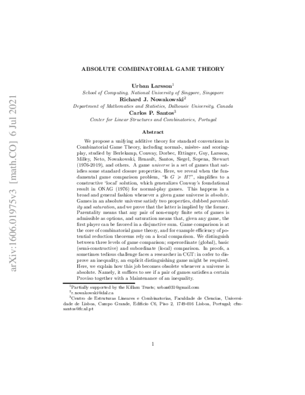 (PDF) Absolute Combinatorial Game Theory