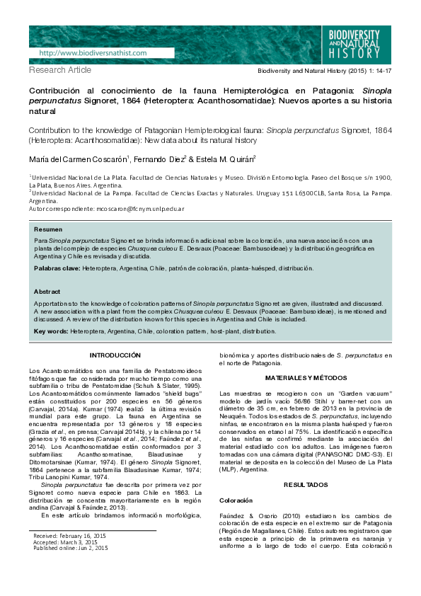 (PDF) Contribución al conocimiento de la fauna Hemipterológica en Patagonia: Sinopla ...