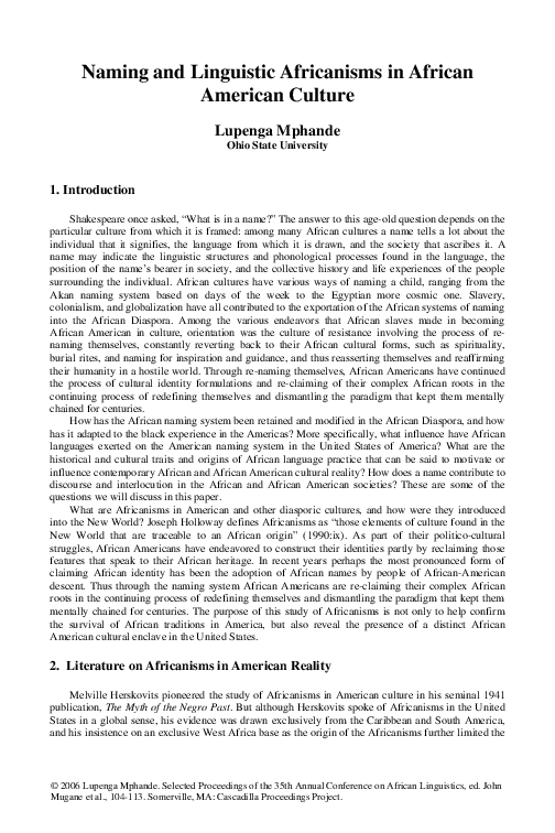 (PDF) Naming and linguistic Africanisms in African American culture