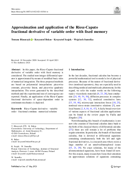 Pdf Approximation And Application Of The Riesz Caputo Fractional Derivative Of Variable Order