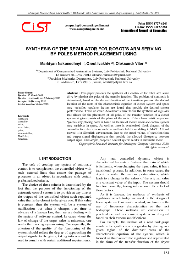(PDF) Synthesis of the Regulator for Robot’s Arm Serving by Poles ...