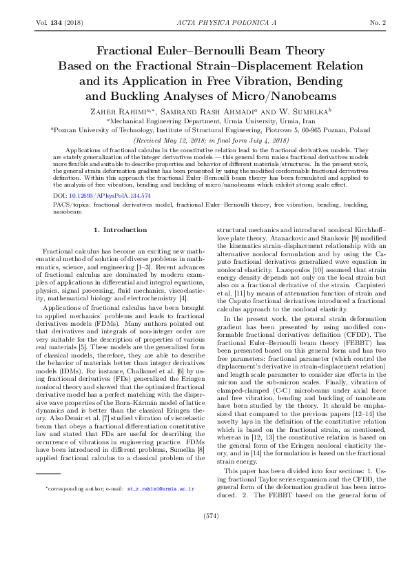 (PDF) Fractional Euler-Bernoulli Beam Theory Based on the Fractional Strain-Displacement ...