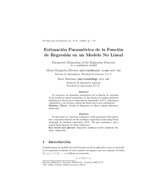 (PDF) Estimación Paramétrica de la Función de Regresión en un Modelo no Lineal