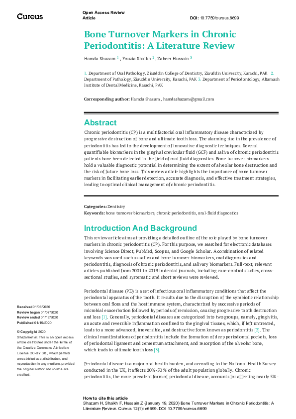 (PDF) Bone Turnover Markers in Chronic Periodontitis: A Literature Review