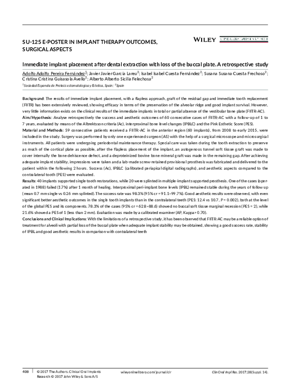 (PDF) Immediate implant placement after dental extraction with loss of the buccal plate. A ...