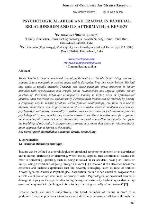 (PDF) PSYCHOLOGICAL ABUSE AND TRAUMA IN FAMILIAL RELATIONSHIPS AND ITS ...