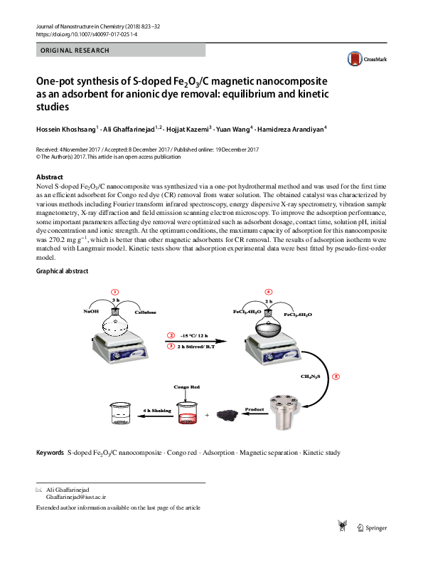 (PDF) One-pot synthesis of S-doped Fe2O3/C magnetic nanocomposite as an adsorbent for anionic ...
