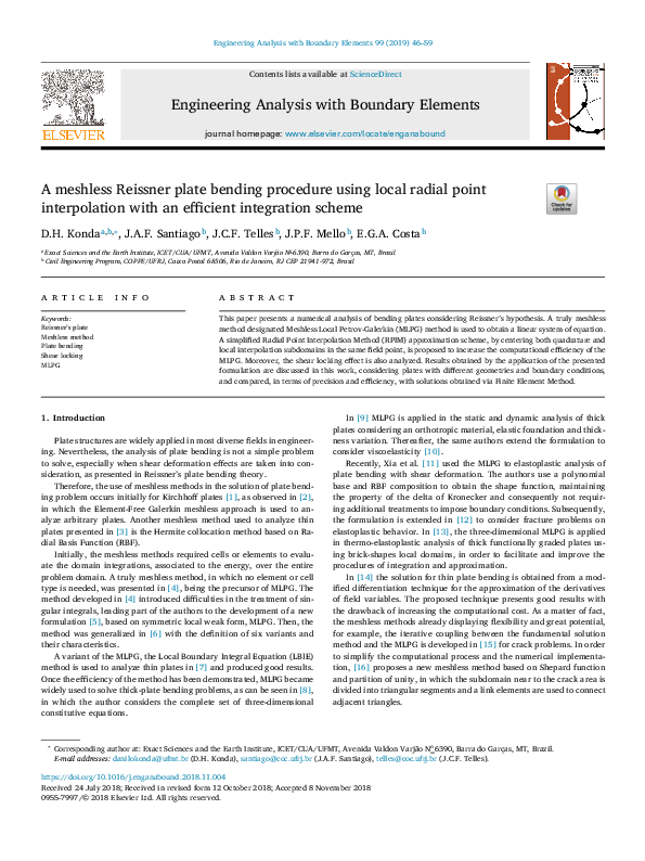 Pdf A Meshless Reissner Plate Bending Procedure Using Local Radial Point Interpolation With An