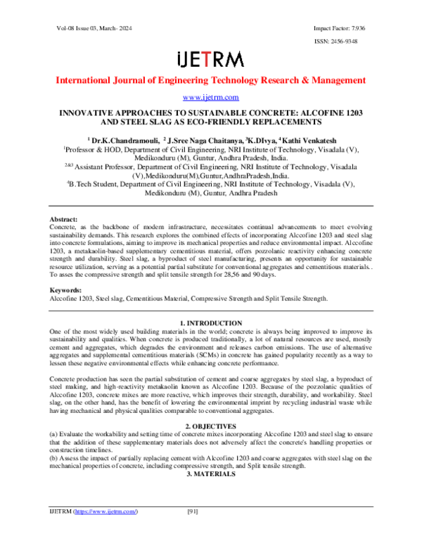 (PDF) INNOVATIVE APPROACHES TO SUSTAINABLE CONCRETE: ALCOFINE 1203 AND ...