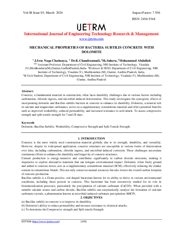 (PDF) MECHANICAL PROPERTIES OF BACTERIA SUBTILIS CONCRETE WITH DOLOMITE