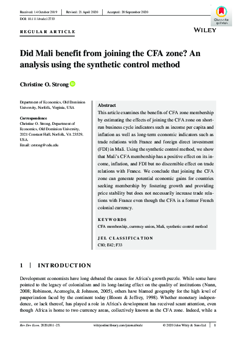 (PDF) Did Mali benefit from joining the CFA zone? An analysis using the ...