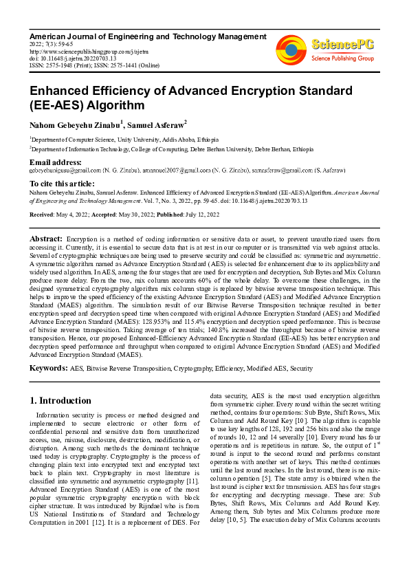 (PDF) Enhanced Efficiency of Advanced Encryption Standard (EE-AES) Algorithm