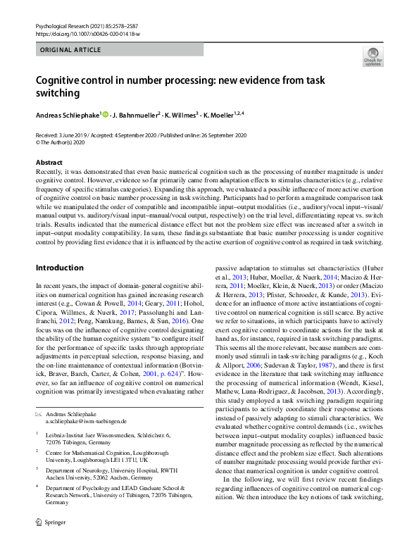 (PDF) Cognitive control in number processing: new evidence from task switching