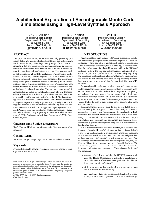 (PDF) Architectural Exploration of Reconfigurable Monte-Carlo Simulations using a High-Level ...