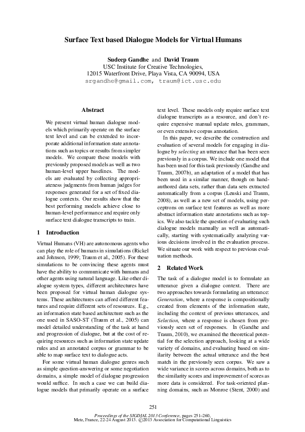 (PDF) Surface text based dialogue models for virtual humans