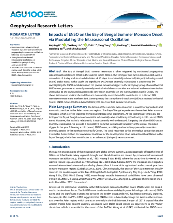 (PDF) Impacts of ENSO on the Bay of Bengal Summer Monsoon Onset via ...