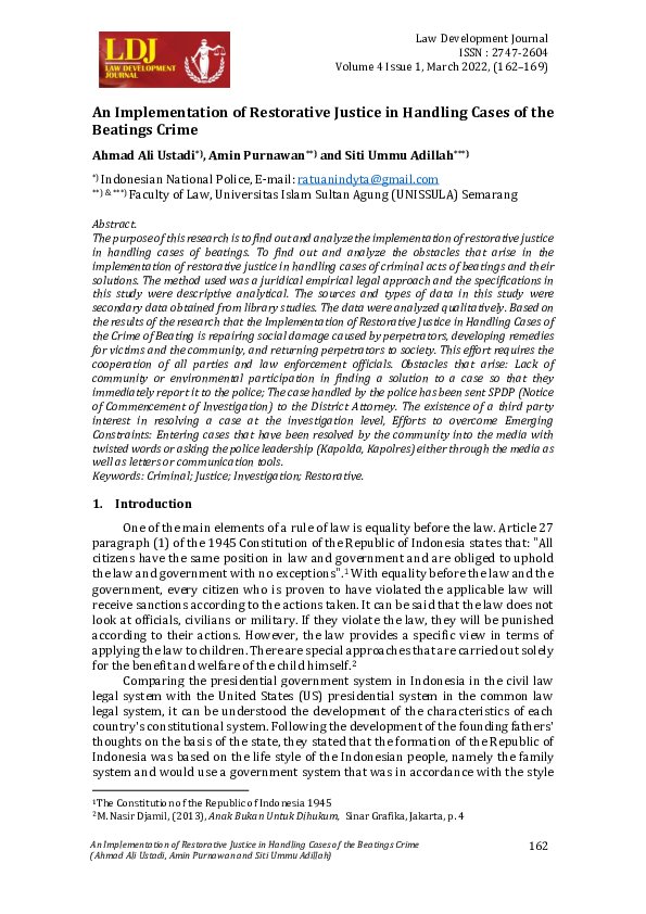 (PDF) An Implementation of Restorative Justice in Handling Cases of the Beatings Crime