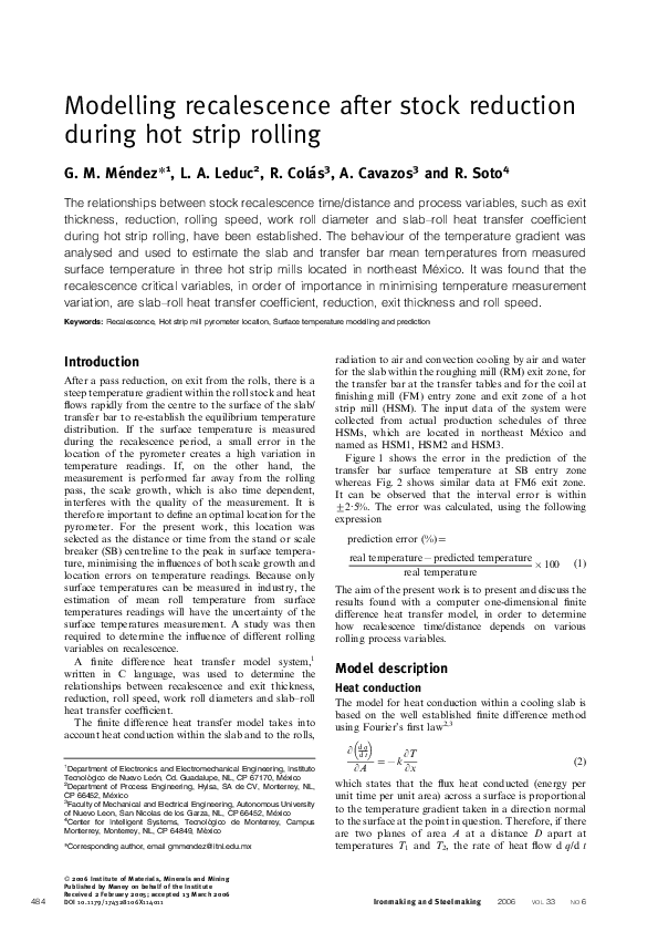 (PDF) Modelling recalescence after stock reduction during hot strip rolling