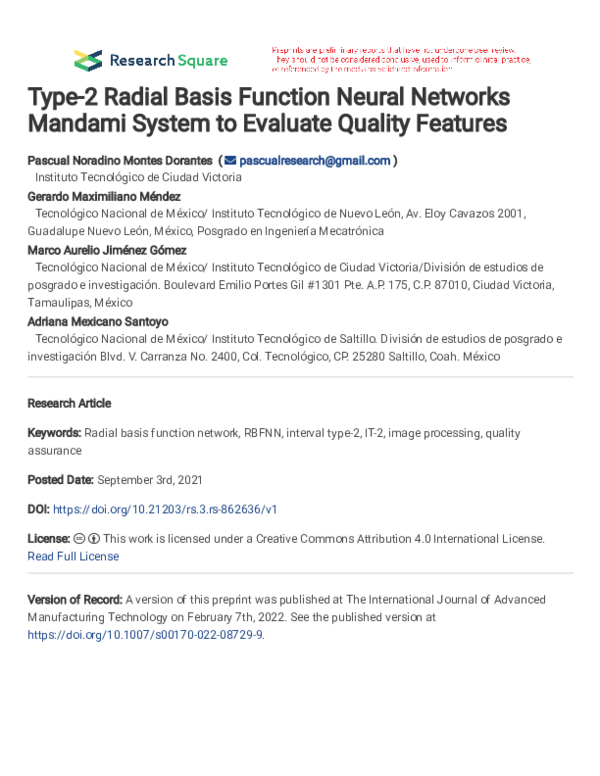(PDF) Type-2 Radial Basis Function Neural Networks Mandami System to Evaluate Quality Features