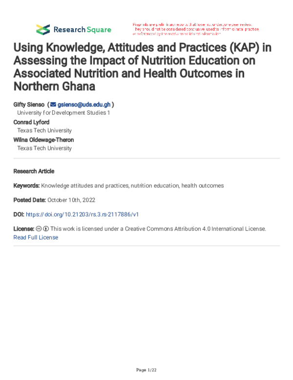 (PDF) Using Knowledge, Attitudes and Practices (KAP) in Assessing the Impact of Nutrition ...