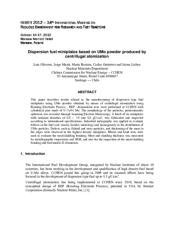 (PDF) Dispersion fuel miniplates based on UMo powder produced by ...