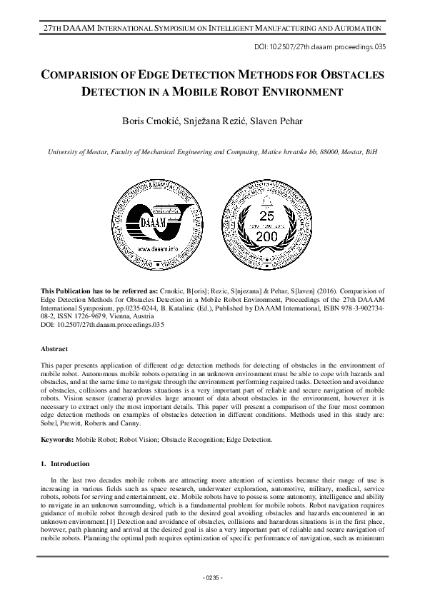 (PDF) Comparision of Edge Detection Methods for Obstacles Detection in a Mobile Robot Environment
