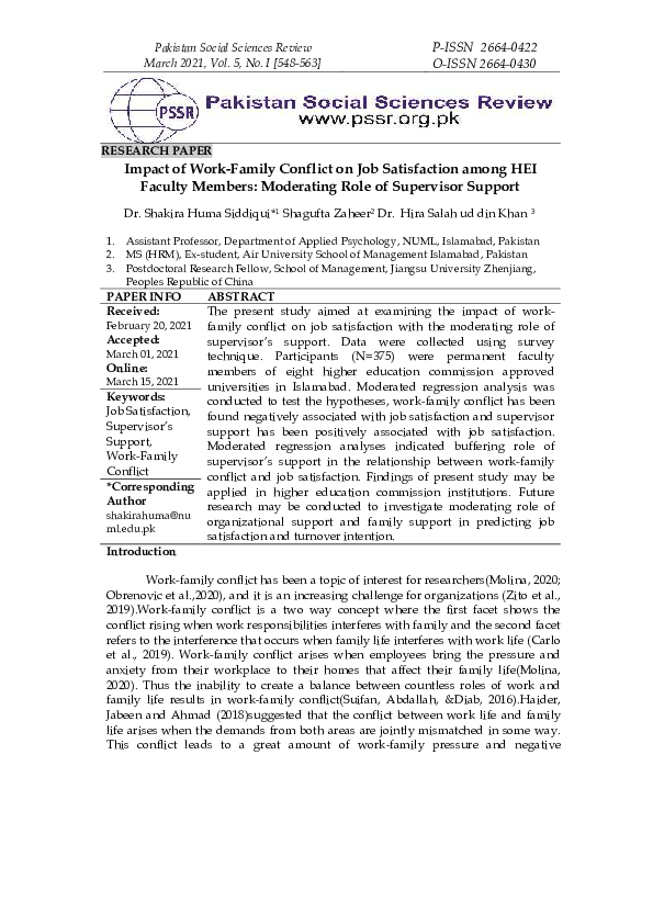 (PDF) Impact of Work-Family Conflict on Job Satisfaction among HEI ...