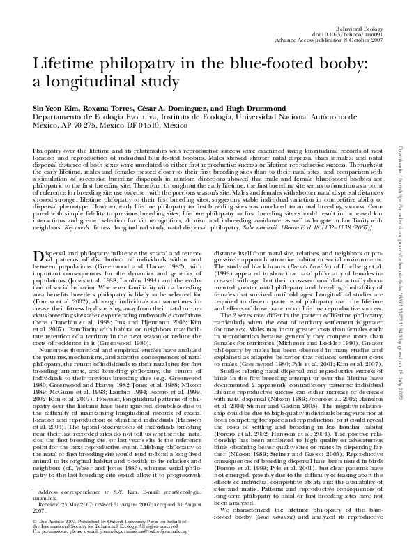 (PDF) Lifetime philopatry in the blue-footed booby: a longitudinal study